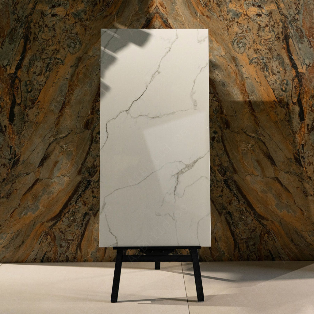 Statuario Ocean Glossy Marble Effect Floor & Wall Tile 60x120cm 9mm