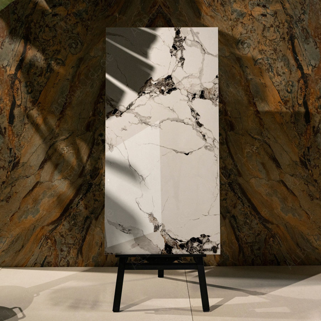 White Eclipse Glossy Marble Effect Porcelain Floor Wall Tile 60x120cm